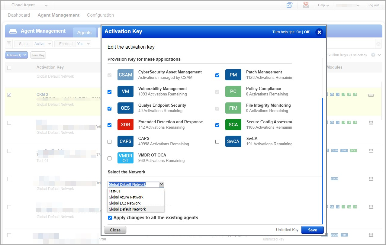 Network Support in Agent Activation Key
