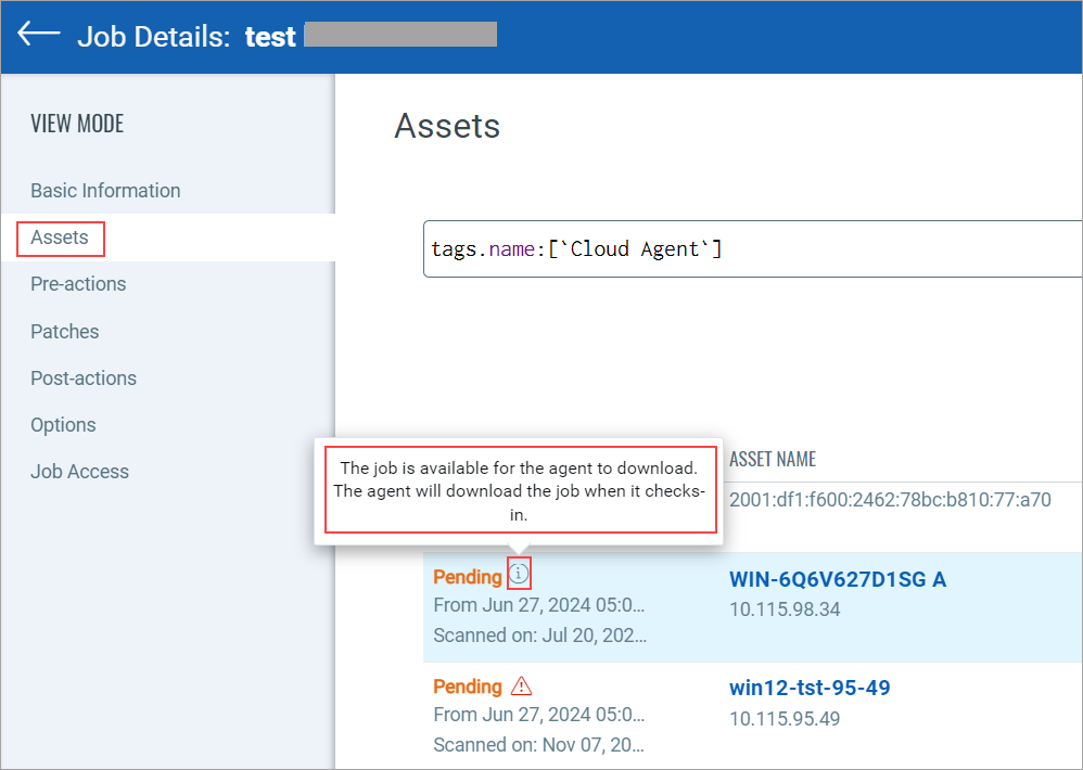 Job Statuses for Individual Asset from the Job Details Page