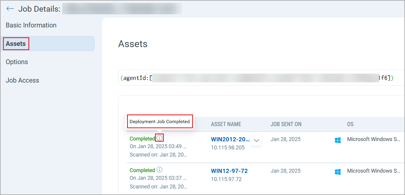 Job Statuses for Individual Asset from the Job Details Page