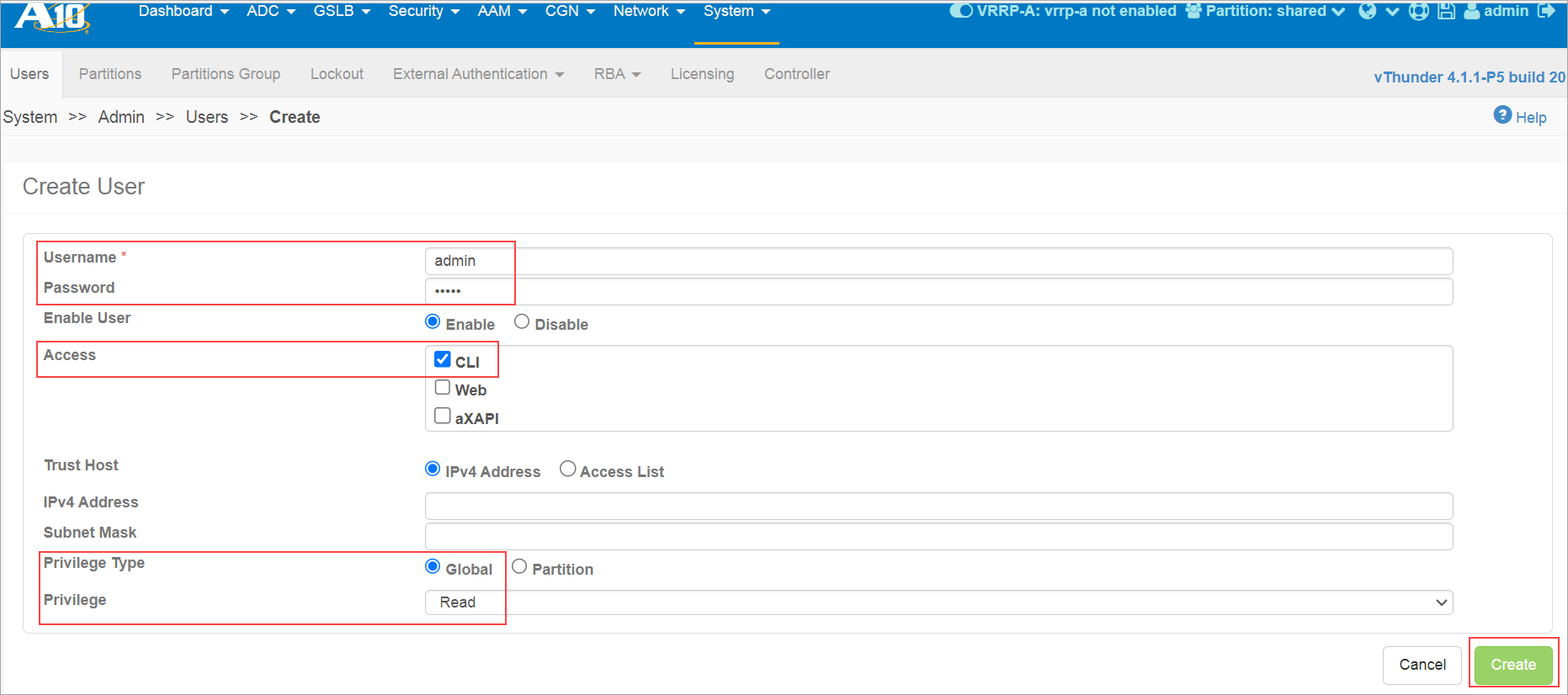 Privileges for Scan User Account for A10 Advanced Core OS